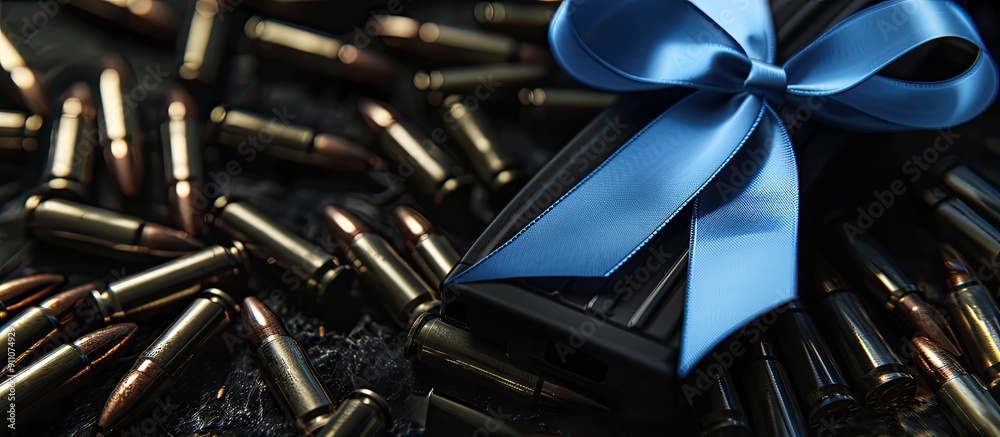 Blue ribbon on top of rifle magazines filled with bullets with space on ...