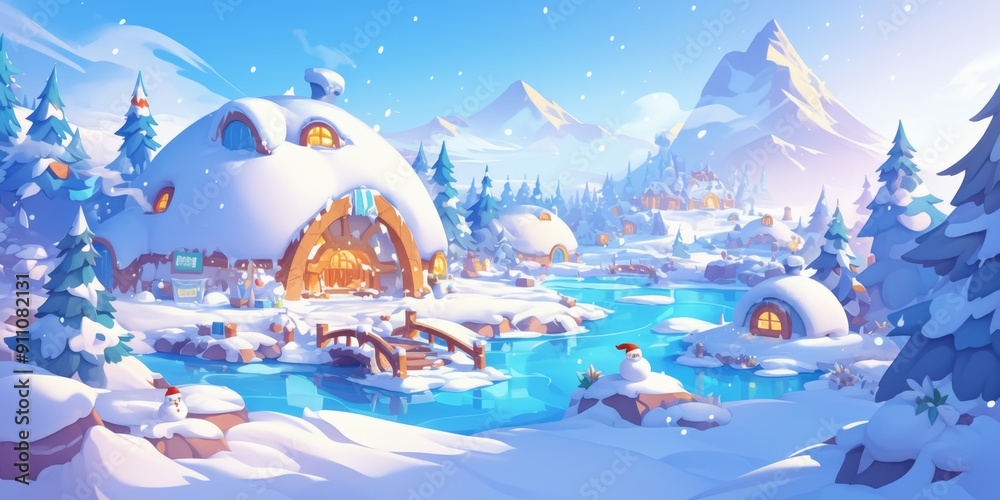 Illustration: The Eskimo Igloo Town. The Bridge, The Ice River, The Ice ...