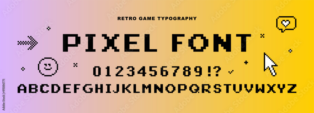 Font set in pixel art. Pixel alphabet letters and number pack. Mood of ...