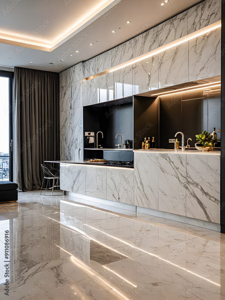 Beautiful marble kitchen in luxury home with white cabinetry, wooden ...