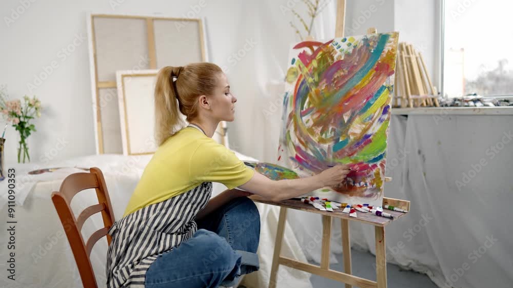 Talented female painter drawing abstract picture in art workshop, art ...