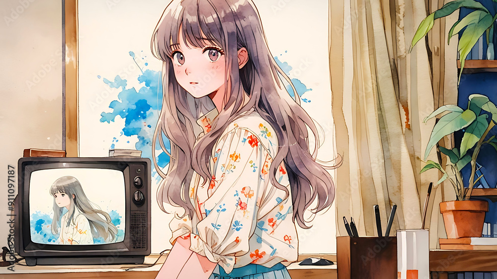 Beautiful Anime style female TV presenter on television Stock ...
