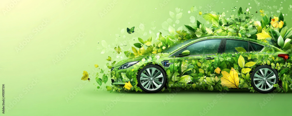 A green car with leaves and butterflies on it. The car is a symbol of ...