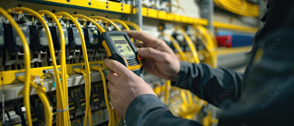 An electrician using a digital multimeter on wires in an electrical ...