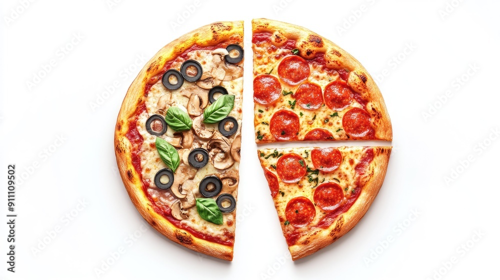 Engaging illustration of a pizza divided into two halves, showcasing ...