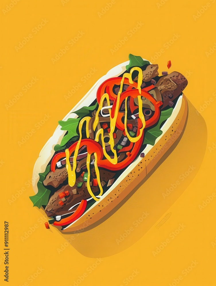 25 American Philly cheesesteak flat design bird's-eye view street food ...