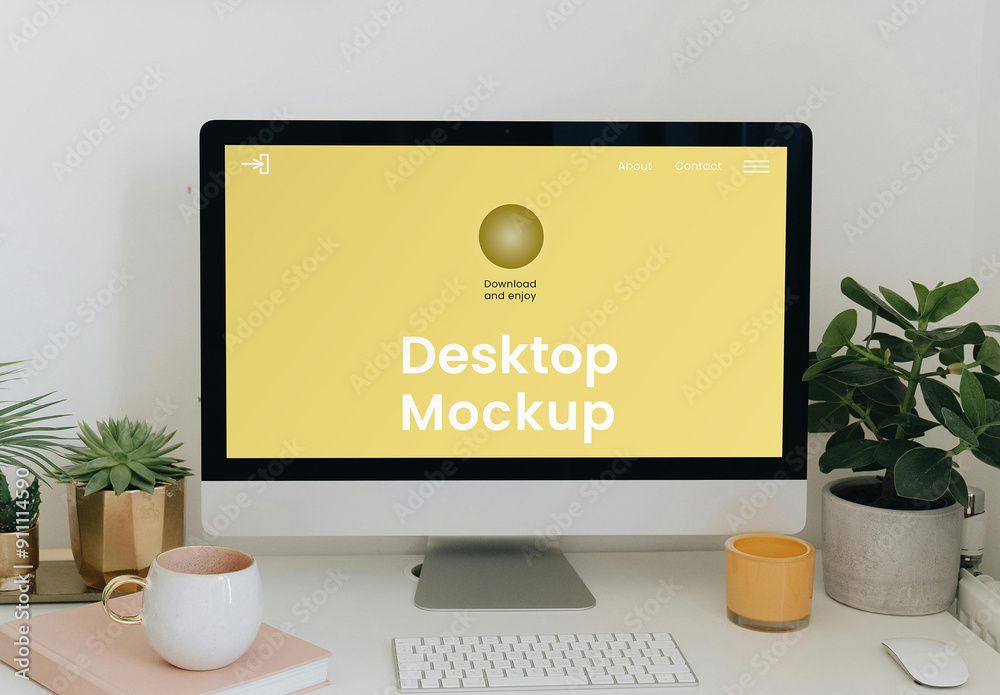 Desktop with Plants Mockup Stock Template | Adobe Stock