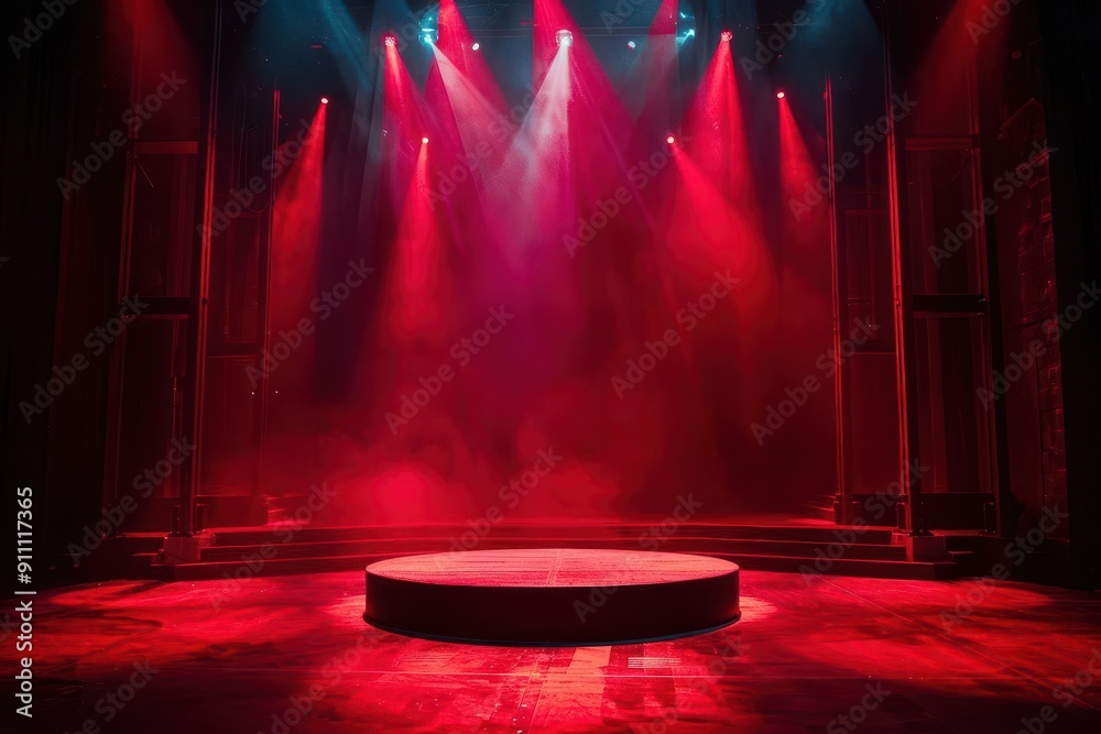 dramatic empty theater stage bathed in vibrant red light a round podium ...