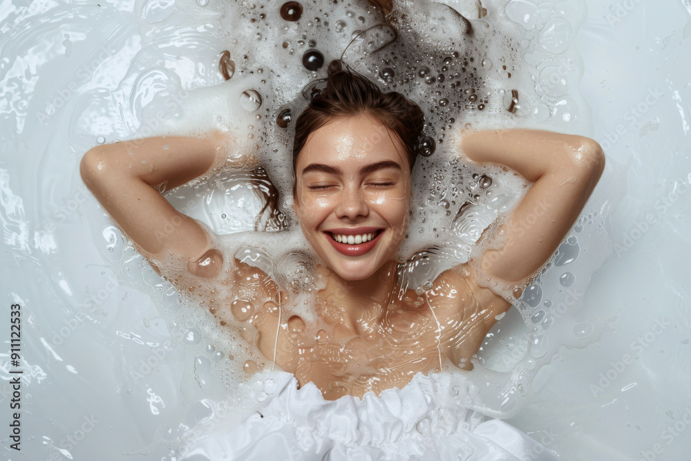Top view of a beautiful woman wearing white gown bathing with shampoo ...