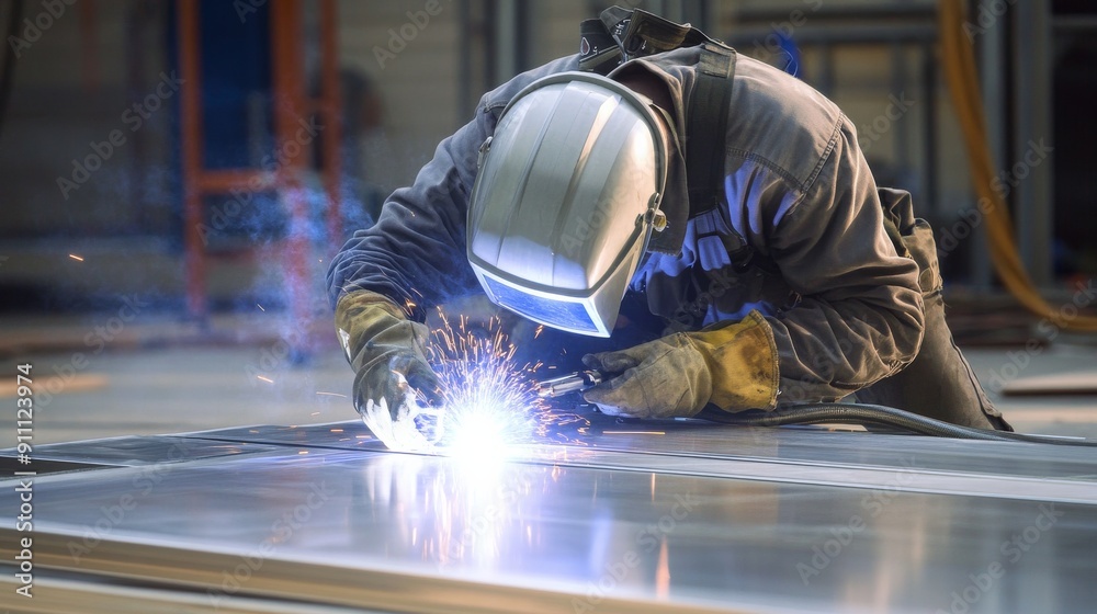 A welder welding aluminum panels for a custom-designed architectural ...