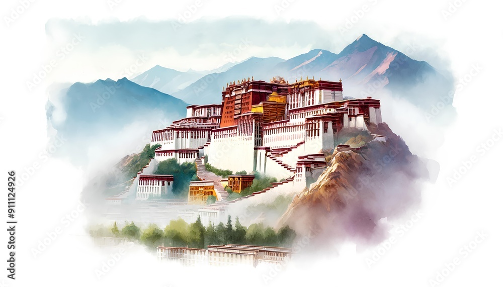 A watercolor painting of Potala Palace, the 13-story palace on a hill ...