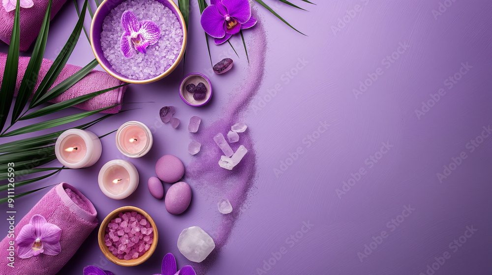 Spa and relaxation setup with candles, orchids, and palm leaves on a ...
