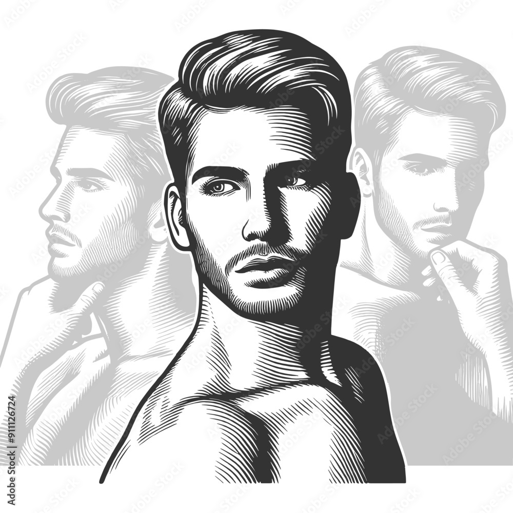 young man with curly hair and strong features, showcasing detailed line ...