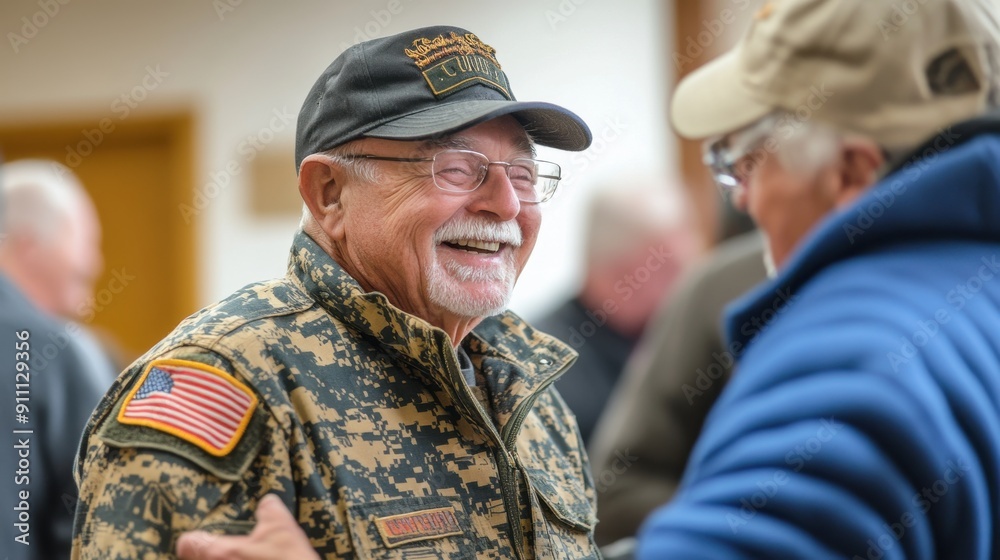 Two senior military veterans share a heartfelt embrace, smiling warmly ...