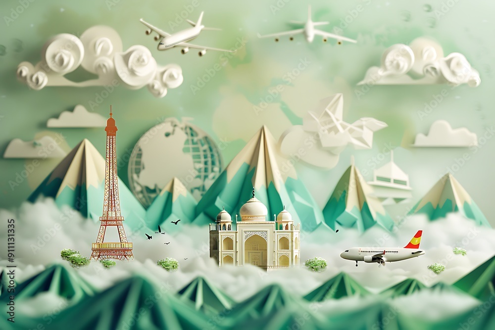 Papercraft travel scene with airplanes, clouds, and iconic landmarks ...