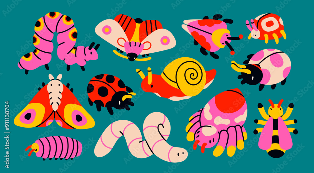 Cute various Insects. Cartoon style characters for kids. Caterpillar ...