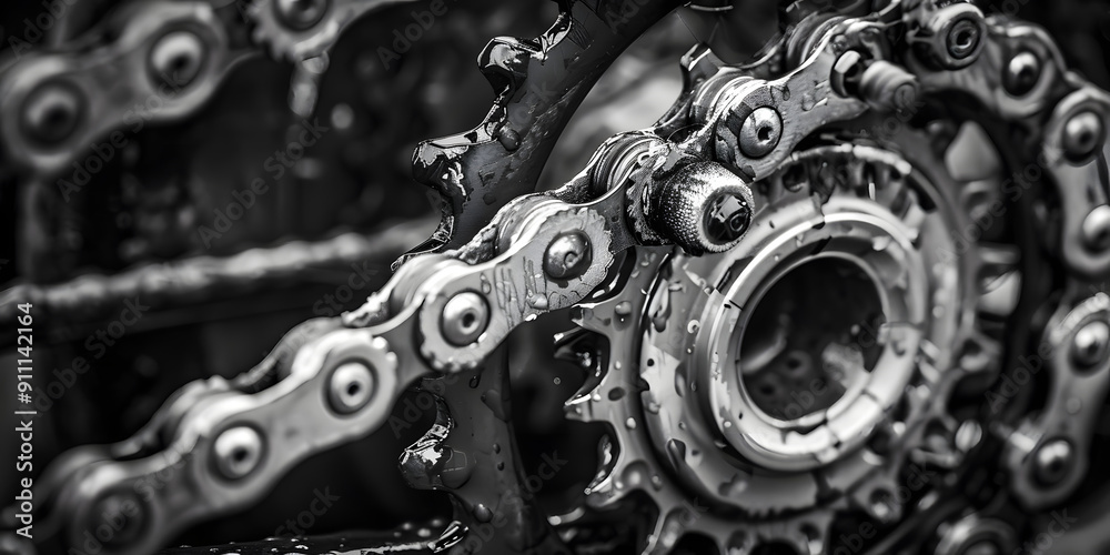 Close-up of a well-oiled, worn bicycle chain and gear wheel in black ...