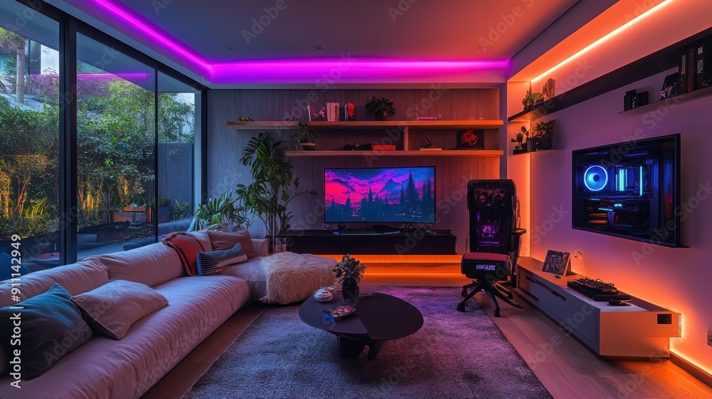 Home office for a gamer with a high-end gaming setup, LED lighting, and gaming chair, blending ...