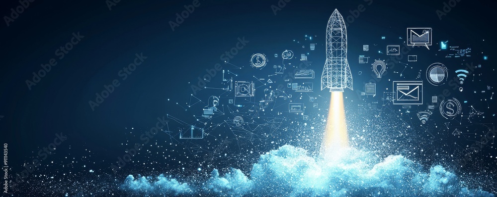 Wireframe rocket launching in a digital space with cloud of icons ...