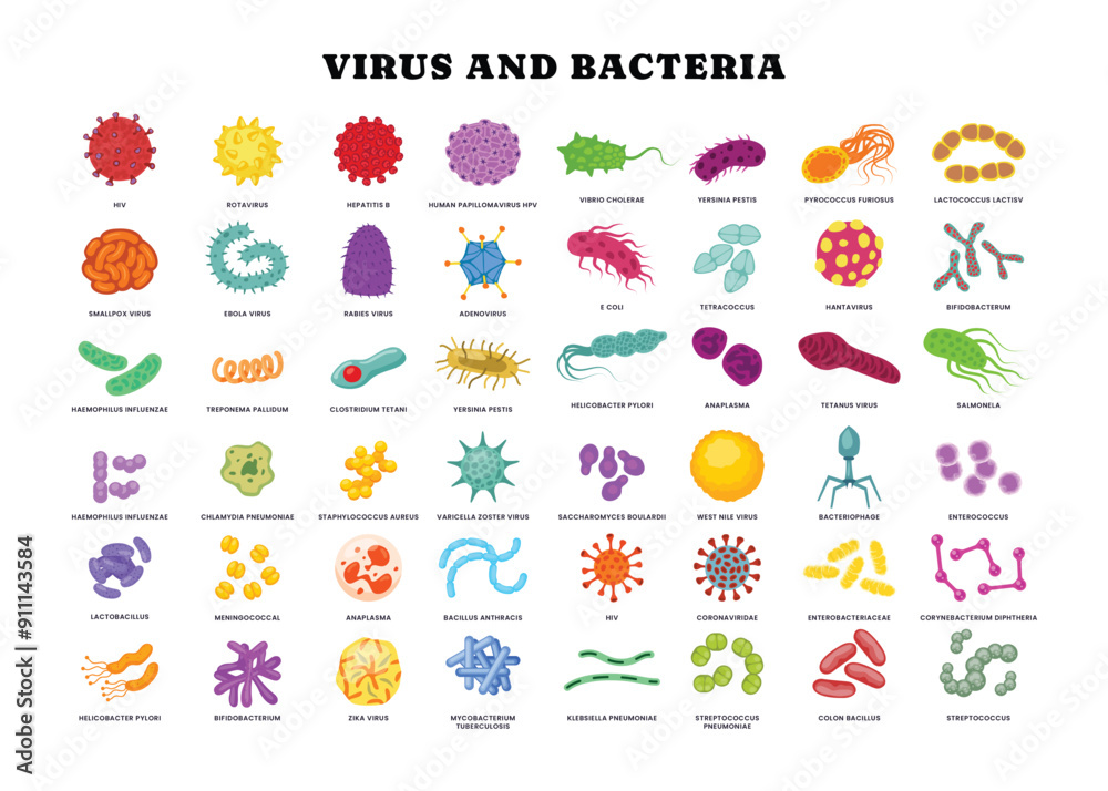 Different types of virus and bacteria set collection poster for ...