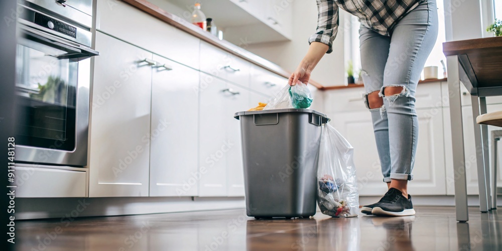 Woman Disposing Kitchen Waste in a Modern Home. A woman in casual ...