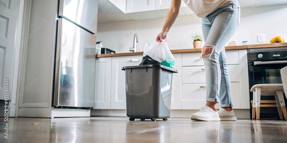 Woman Disposing Kitchen Waste in a Modern Home. A woman in casual ...
