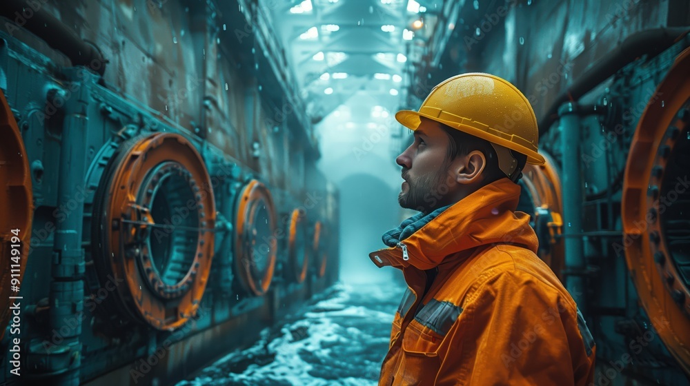 Hydroelectric Engineer Inspecting Turbines. Focused engineer in an ...