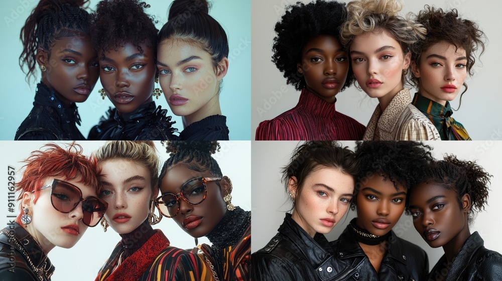 Three beautful fashion models of different races with natural makeup on ...
