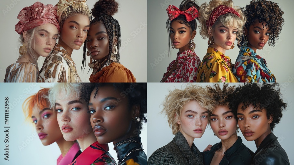 Three beautful fashion models of different races with natural makeup on ...