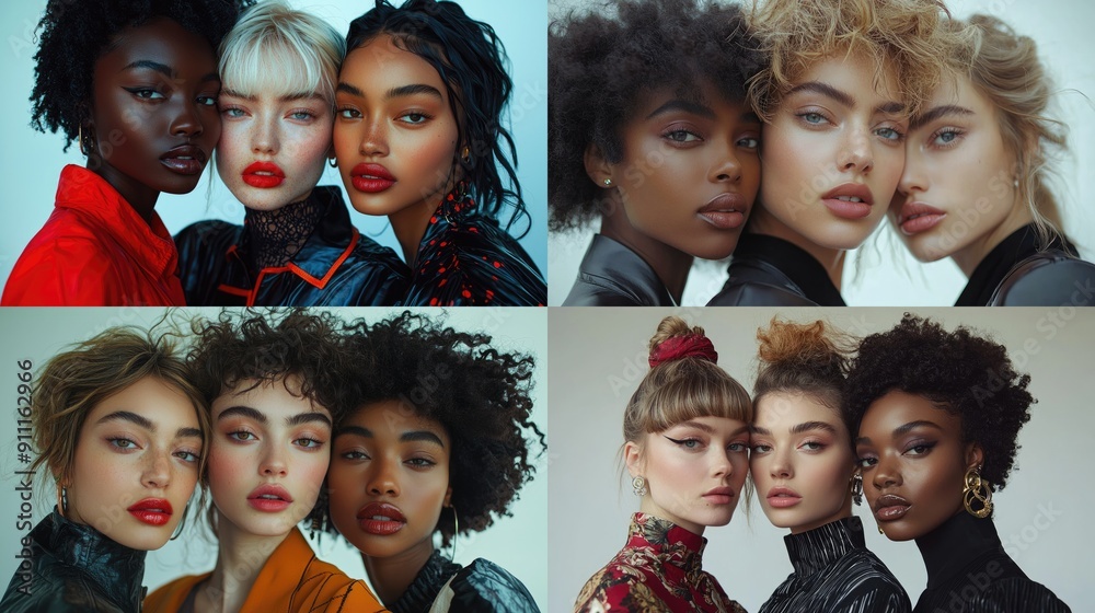 Three beautful fashion models of different races with natural makeup on ...