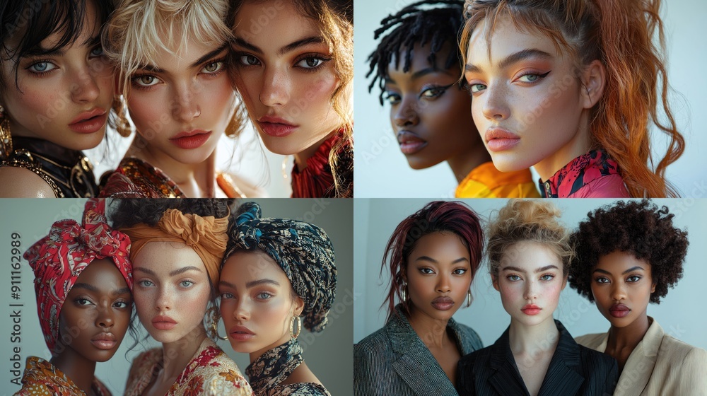 Three beautful fashion models of different races with natural makeup on ...