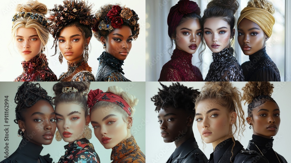 Three beautful fashion models of different races with natural makeup on ...