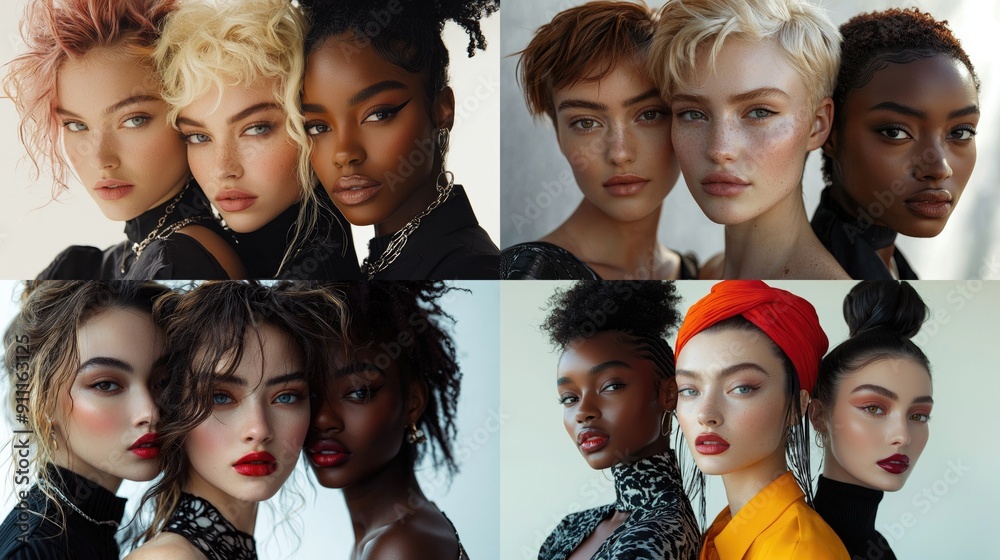 Three beautful fashion models of different races with natural makeup on ...