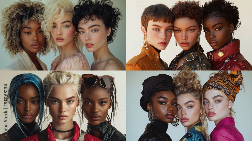 Three beautful fashion models of different races with natural makeup on ...