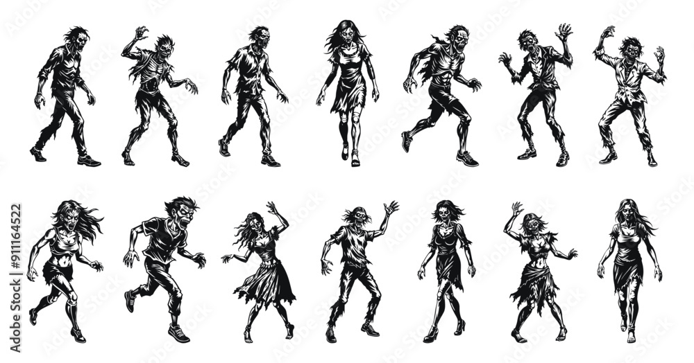 Zombie collection with different characters in various poses vector ...