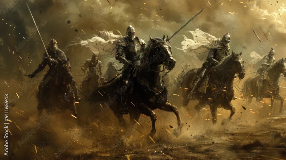 Medieval knights on horseback in a dramatic battle scene at sunset ...