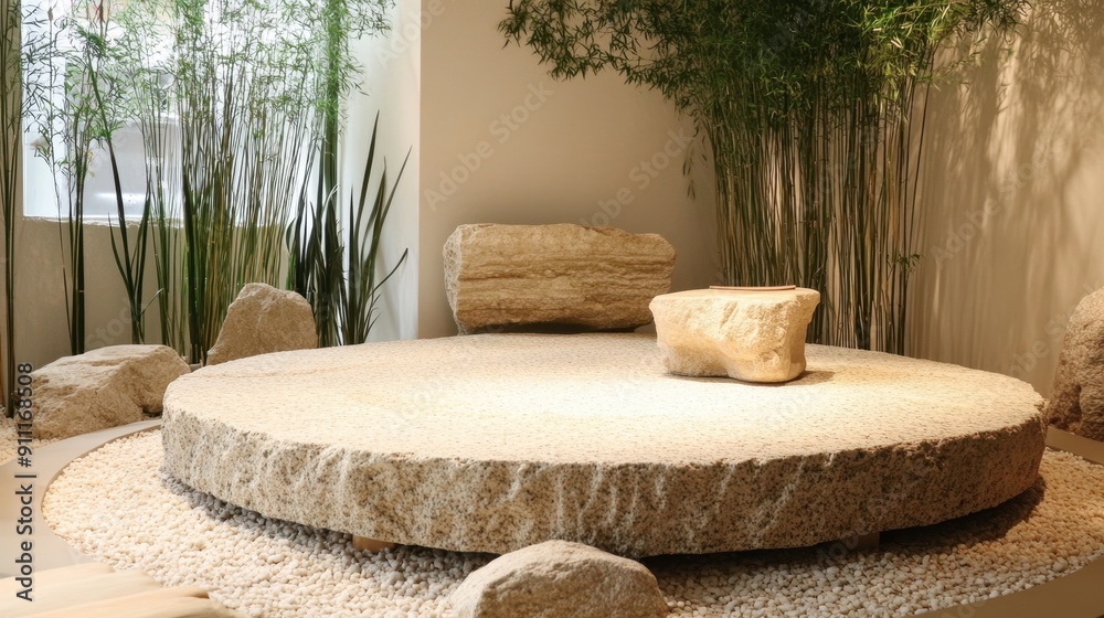 Tranquil natural showcase platform with a round display stage made of ...