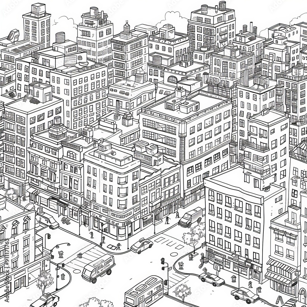 ภาพประกอบสต็อก printable cityscape coloring page with buildings and ...