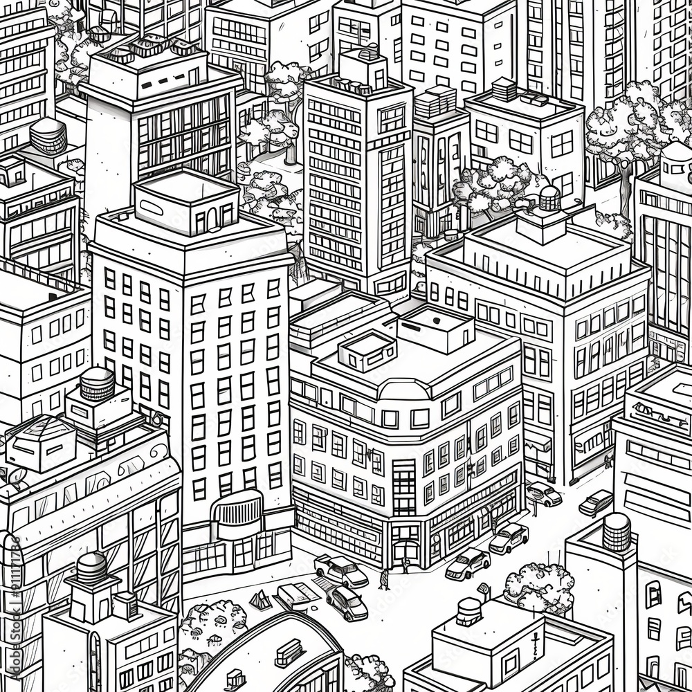 printable cityscape coloring page with buildings and cars , black line ...