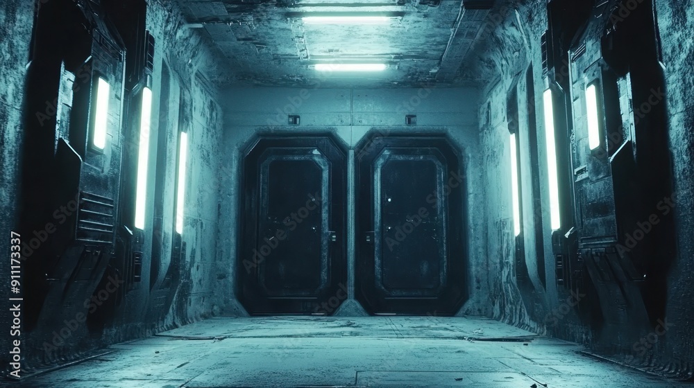 Cinematic still of a futuristic military base in an industrial ...