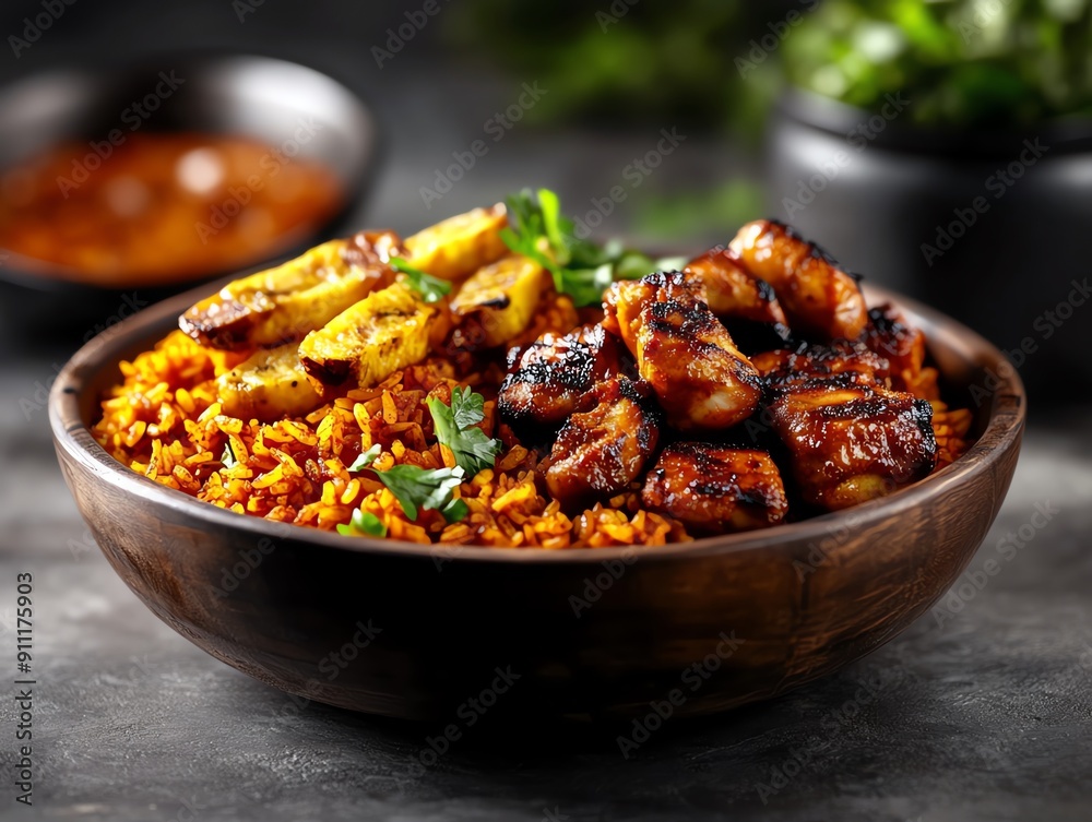 Nigerian jollof rice served in a wooden bowl, garnished with fried ...
