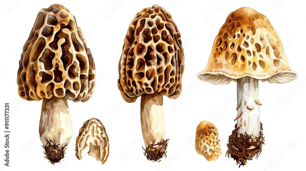 Morel mushrooms displayed in various stages of growth, showcasing their ...