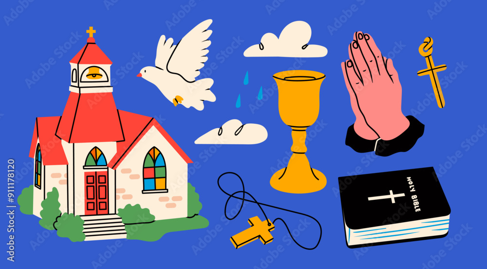 Catholic religious symbols. Various elements: chapel, praying hands ...