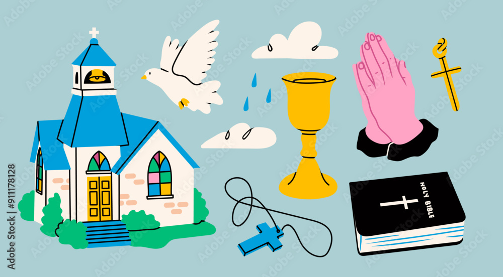 Catholic religious symbols. Various elements: chapel, praying hands ...
