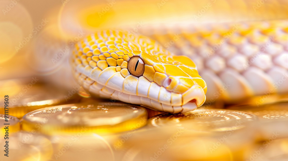Snake on Gold Coins: A Captivating Close-up of a Yellow Snake Resting ...