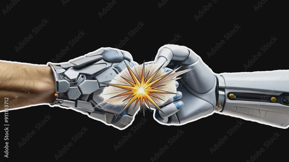 A human fist in a metal glove and a robot fist collide, sparks fly from ...