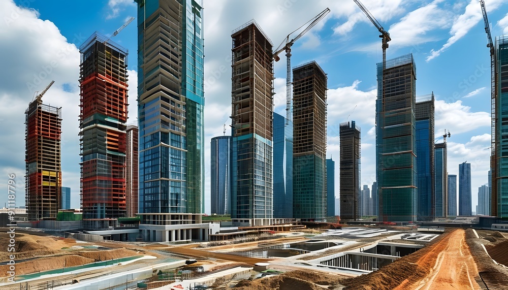 The contrast between modern construction sites and urban high-rise ...
