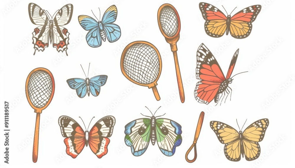 Colorful Butterflies and Vintage Nets in Nature Scene With Intricate ...