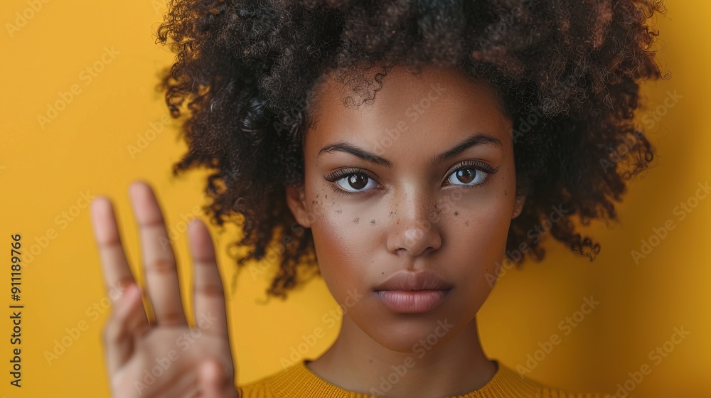 Portrait of black woman doing stop sing with palm of hand. Warning ...