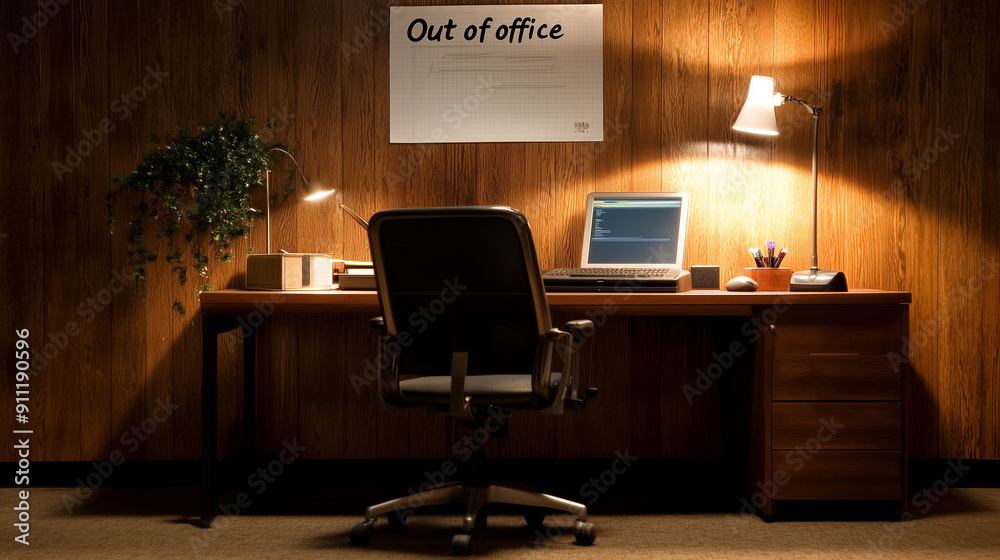office space: room with a computer and message "out of office"; memo on ...
